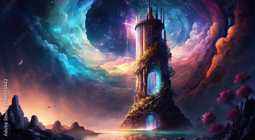 Mystical Tower behind Heavens of Galaxy glistening water generative ai ...