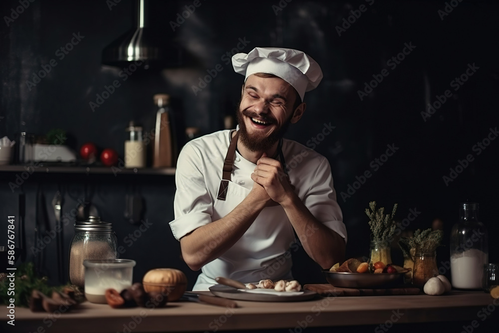 Latino chef smiling at the camera in his kitchen while holding up his ...