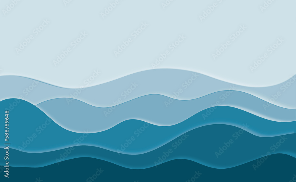 Illustrated ocean wave surface textures on ocean blue gradient light ...