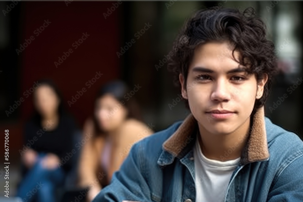 Hispanic male high school student posing at his high school front yard ...