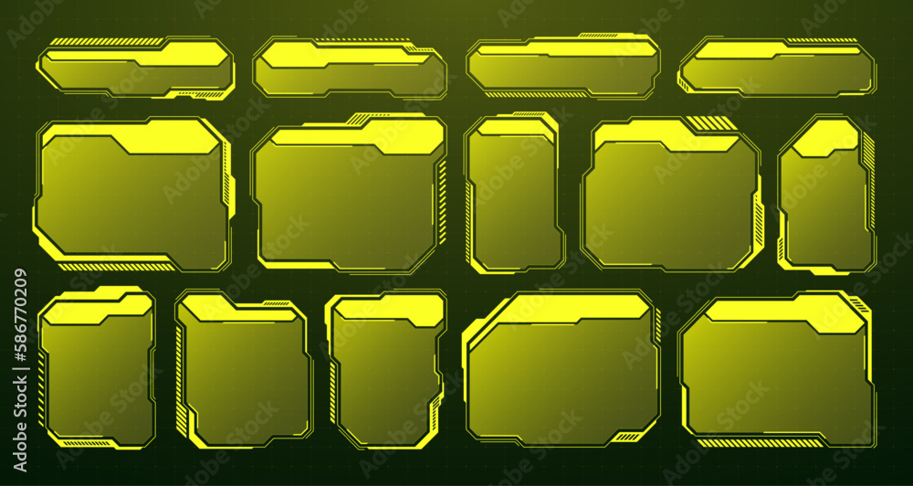 Yellow futuristic HUD, UI elements. Sci-fi user interface text boxes ...
