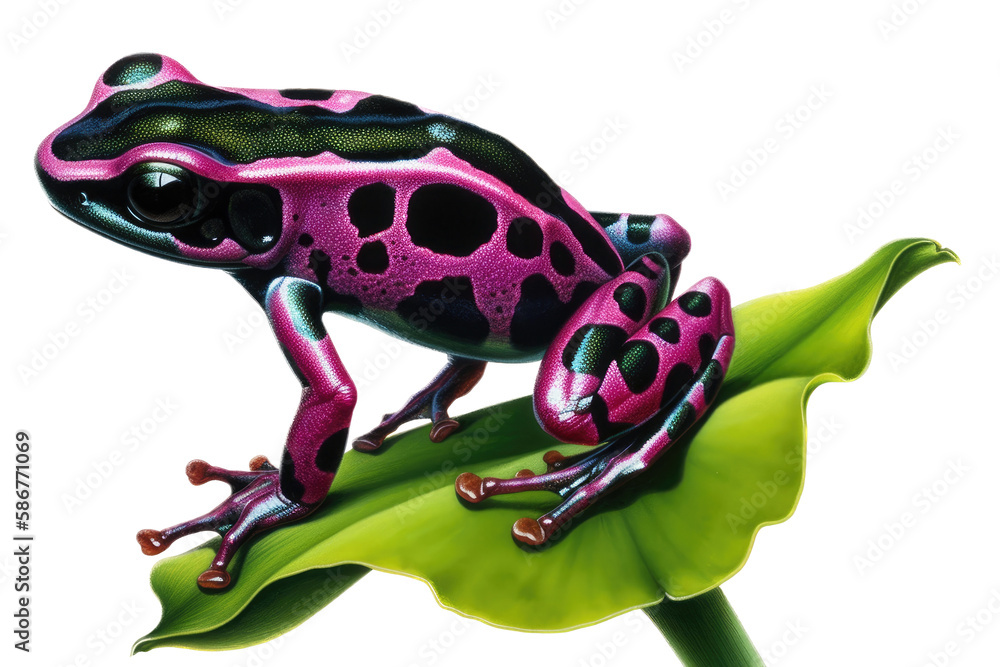 an isolated pink-colored poison dart frog on flowers and leaves, jungle ...