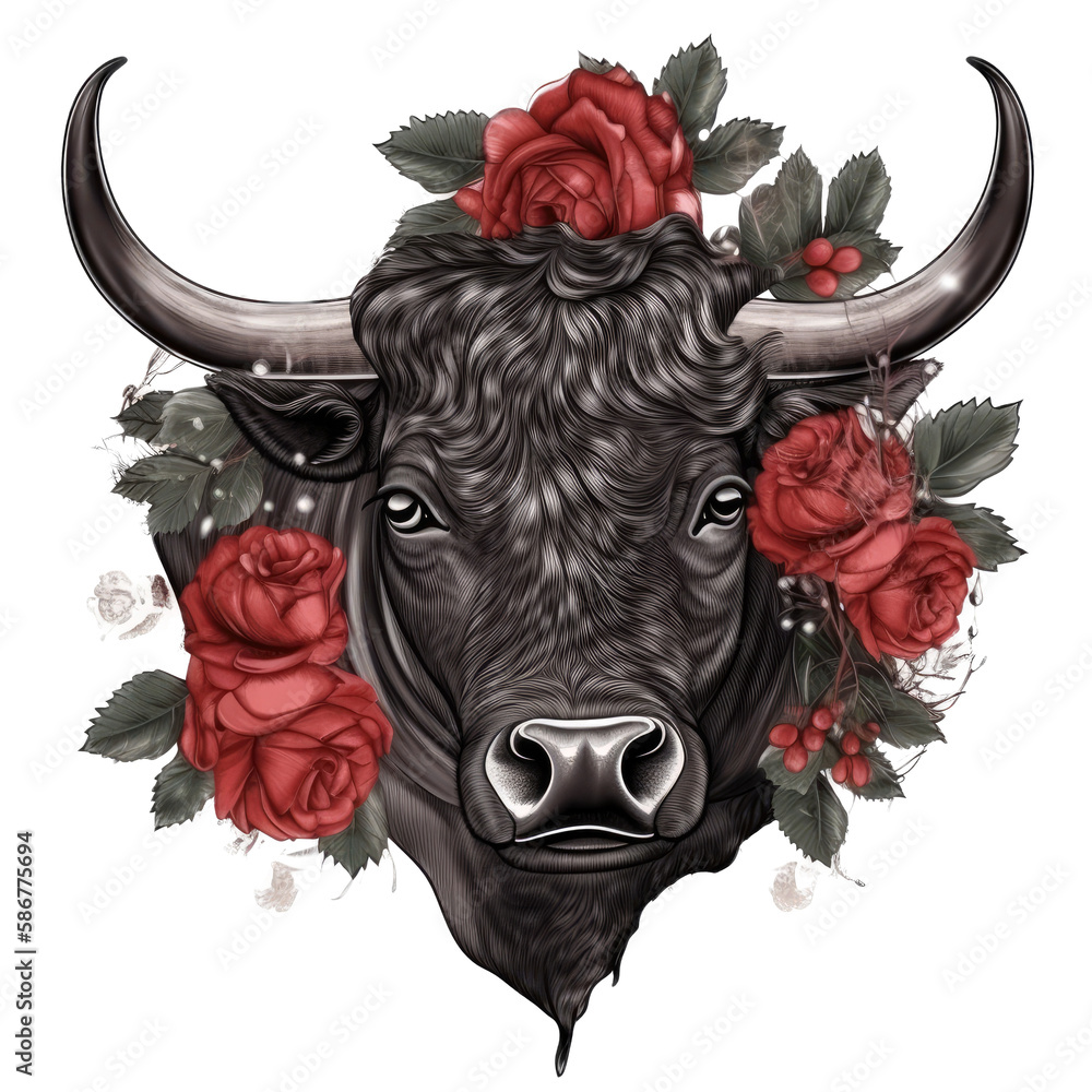 Bull black cow, portrait, horns with red roses circular frame, frontal ...