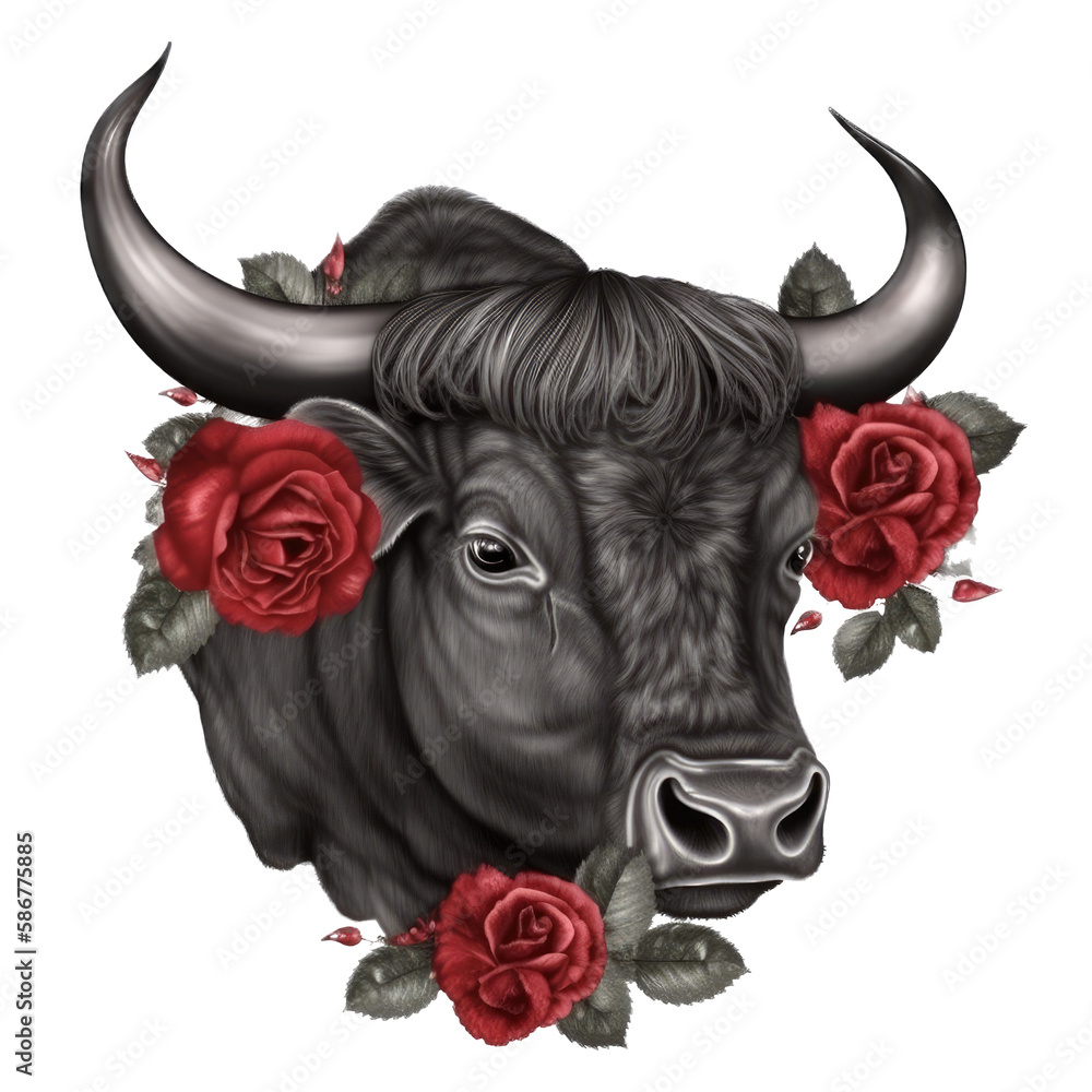 Bull black cow, portrait, horns with red roses circular frame, frontal ...