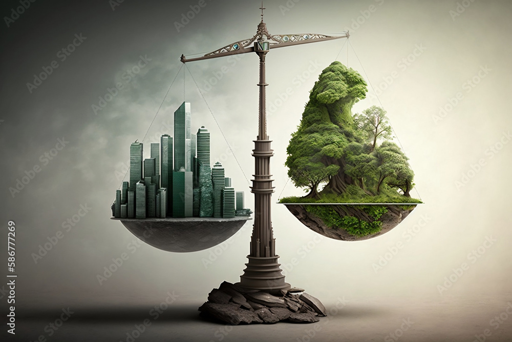 Balance between nature and industrial development, scale with tree and ...