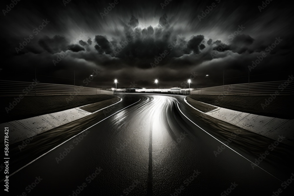 Empty international racetrack at night, as seen from the race car ...