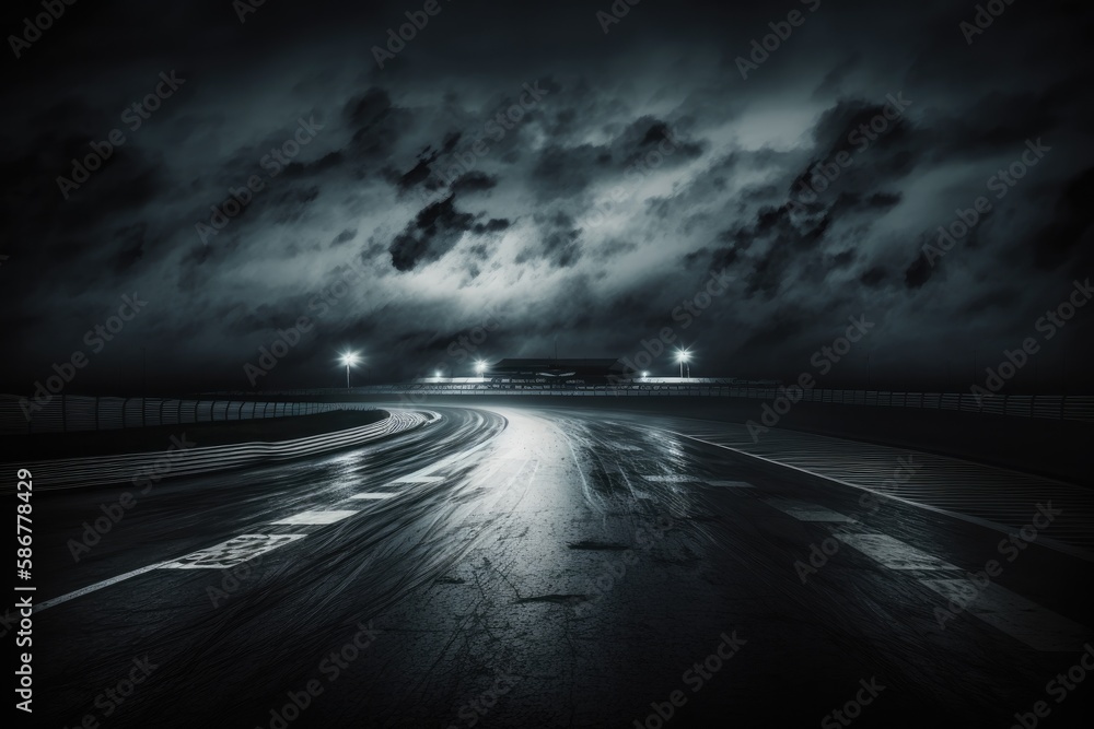Empty international racetrack at night, as seen from the race car ...
