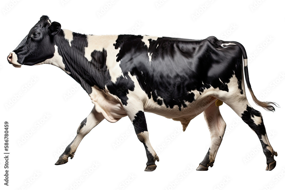 an isolated white and black dairy cow side portrait, farm-themed ...