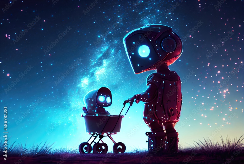 Robot nanny take care of baby to watching starry night landscape ...