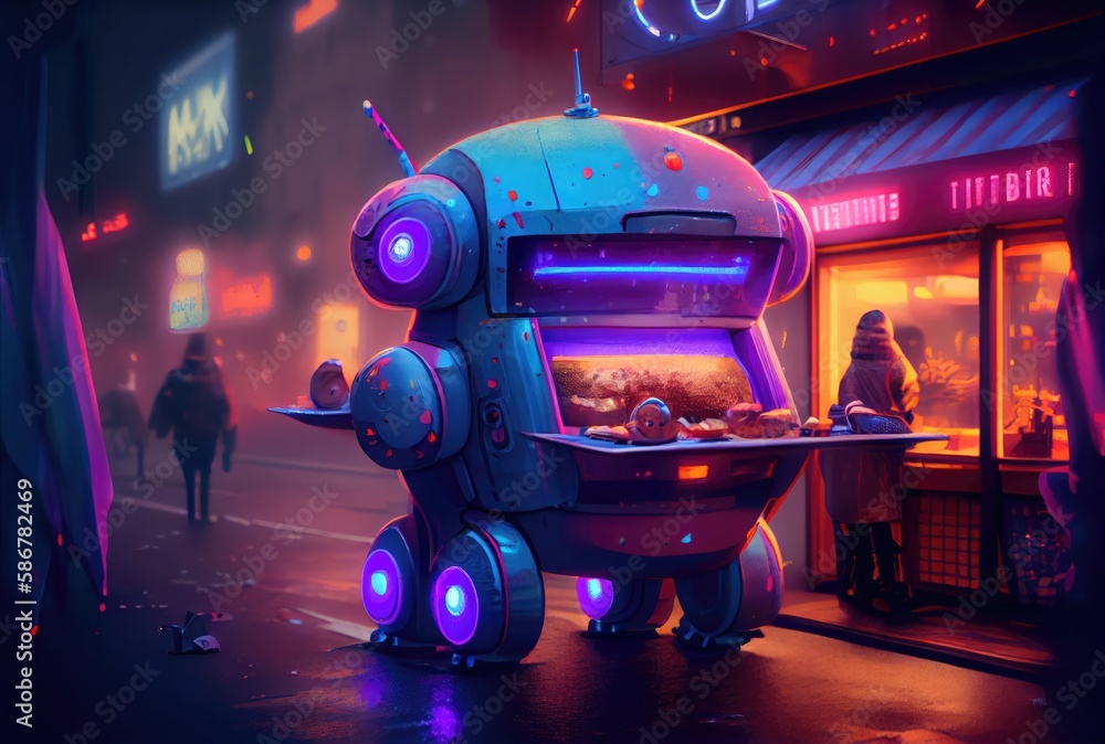 Mobile robot fast food vending machine stall kiosk and restaurant shop on modern background ...