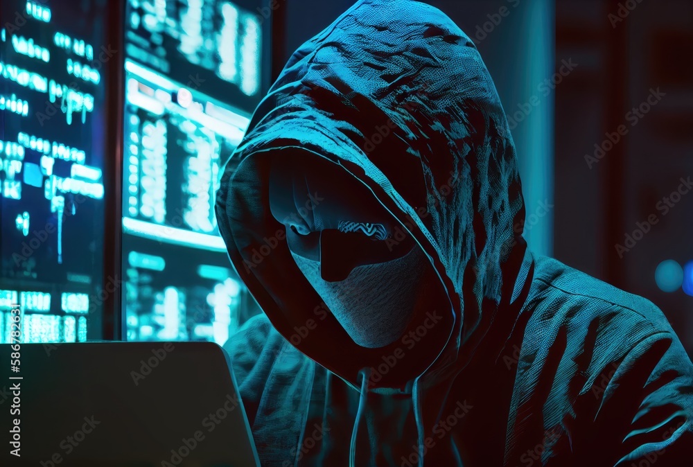 Hacker in the black hood in the server room. Unrecognizable people ...