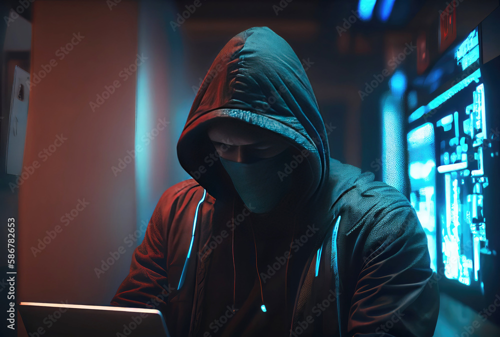 Hacker in the black hood in the server room. Unrecognizable people. Technology and Cybersecurity ...