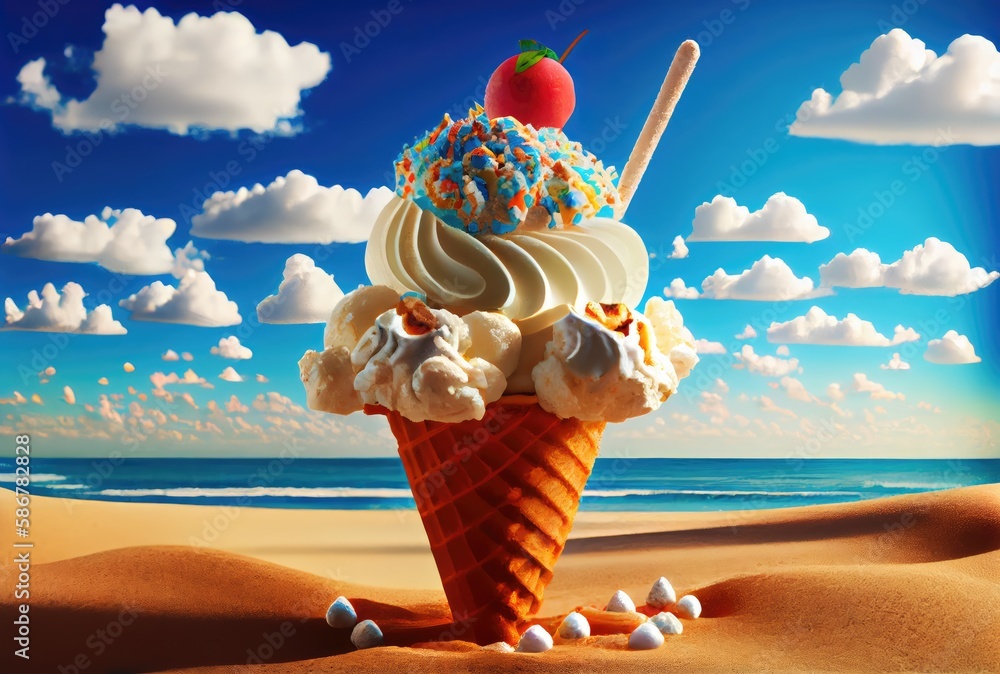 Ice cream cone with sweet toppings on beach sea and blue sky in summer ...