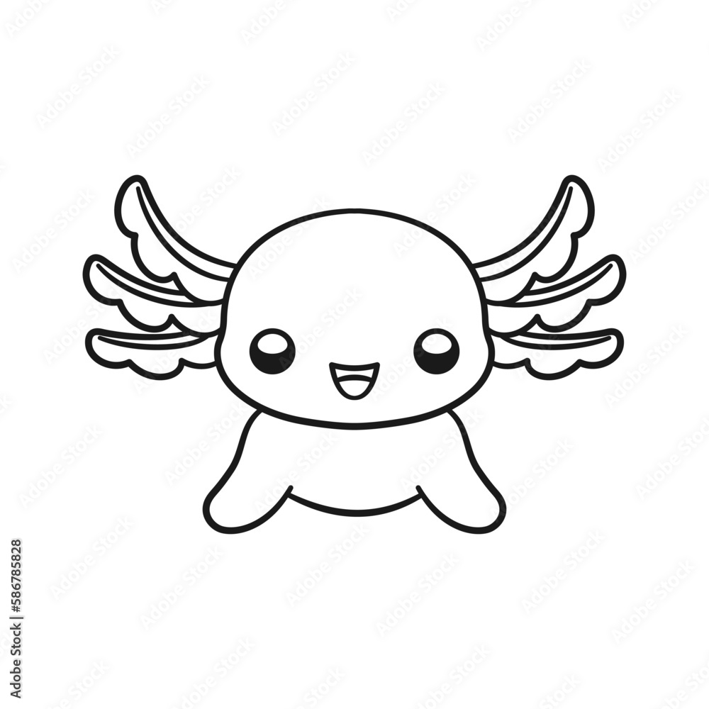 Happy axolotl head cartoon black and white outline vector illustration ...