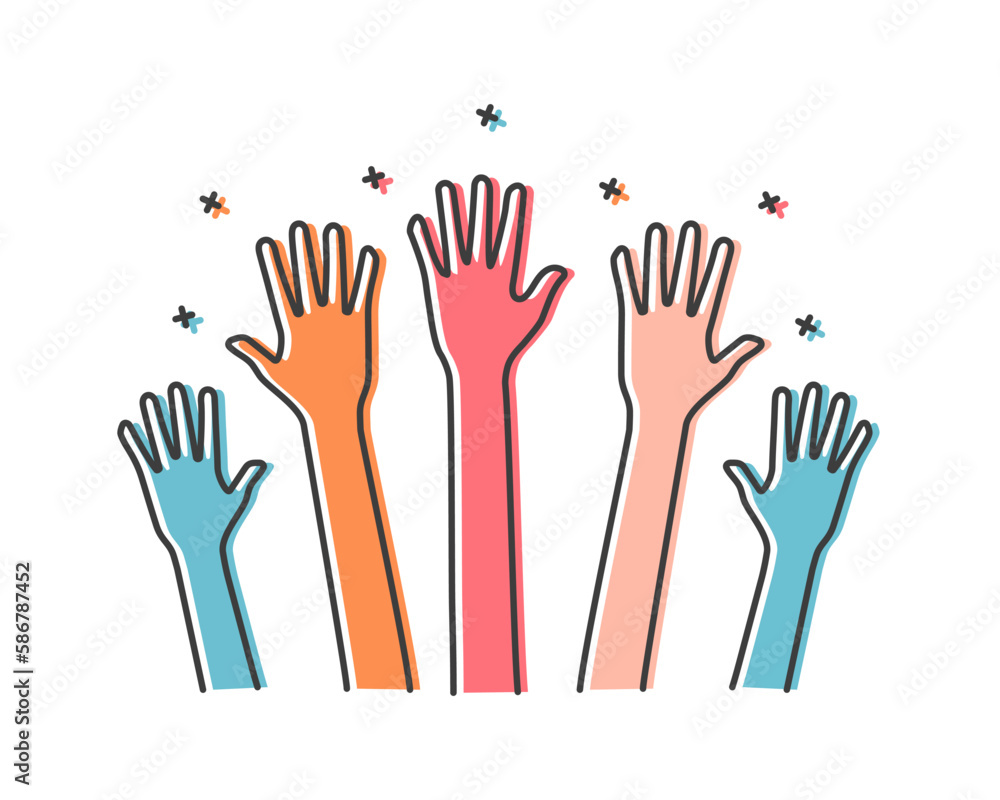 Volunteers and charity work. Raised helping hands. Vector icon background banner illustrations ...