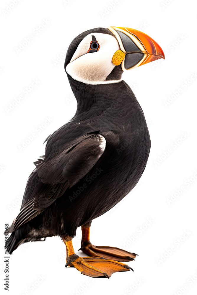 an up-close photographic illustration of an Alaskin puffin bird at rest ...