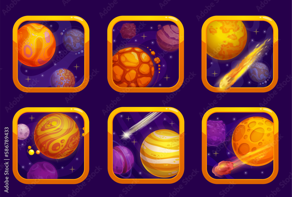 Cartoon space game orange app icons. Cellphone game icon, mobile arcade ...