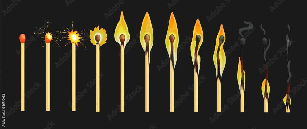 Poster Burning match animation, stages of matchstick ignition from ...