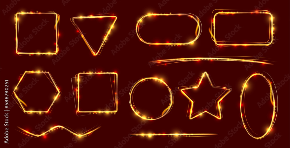 Glow frames with fire flame sparkles and light effect borders, vector ...