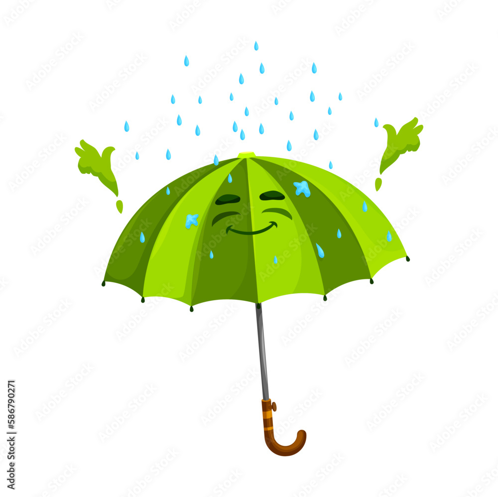 Cartoon green striped umbrella character. Cute vector parasol with ...