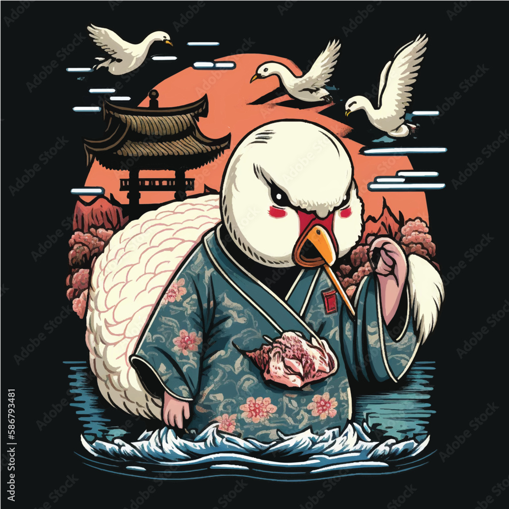 grumpy Swan eating Chirashizushi, Swan character, cute, cartoon ...