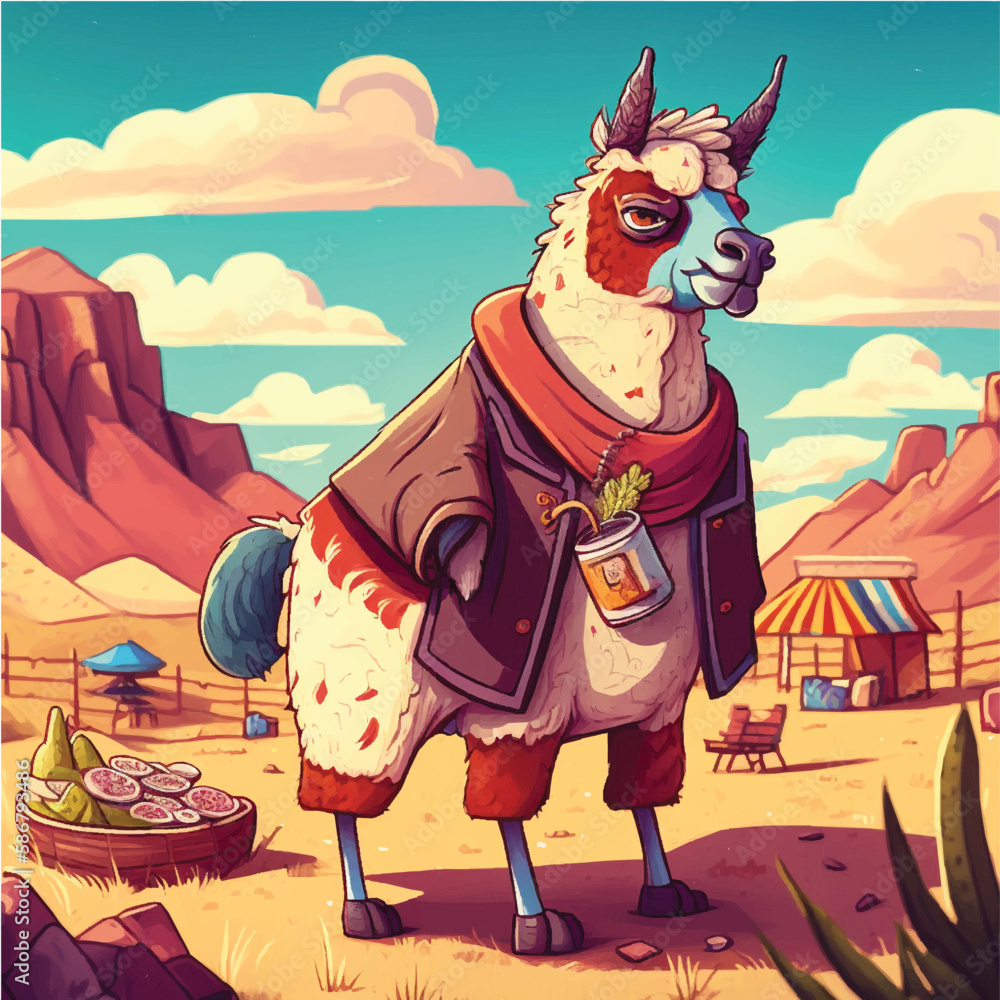 grumpy Llama eating Ploughman's Lunch, Llama character, cute, cartoon ...