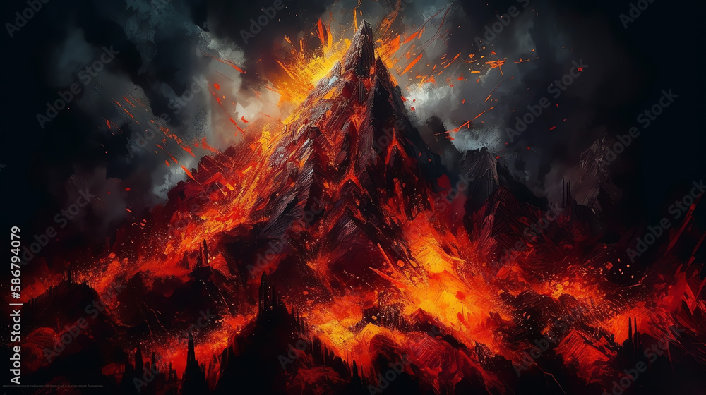 volcano, with lava spilling over its sides. generative AI. Stock ...