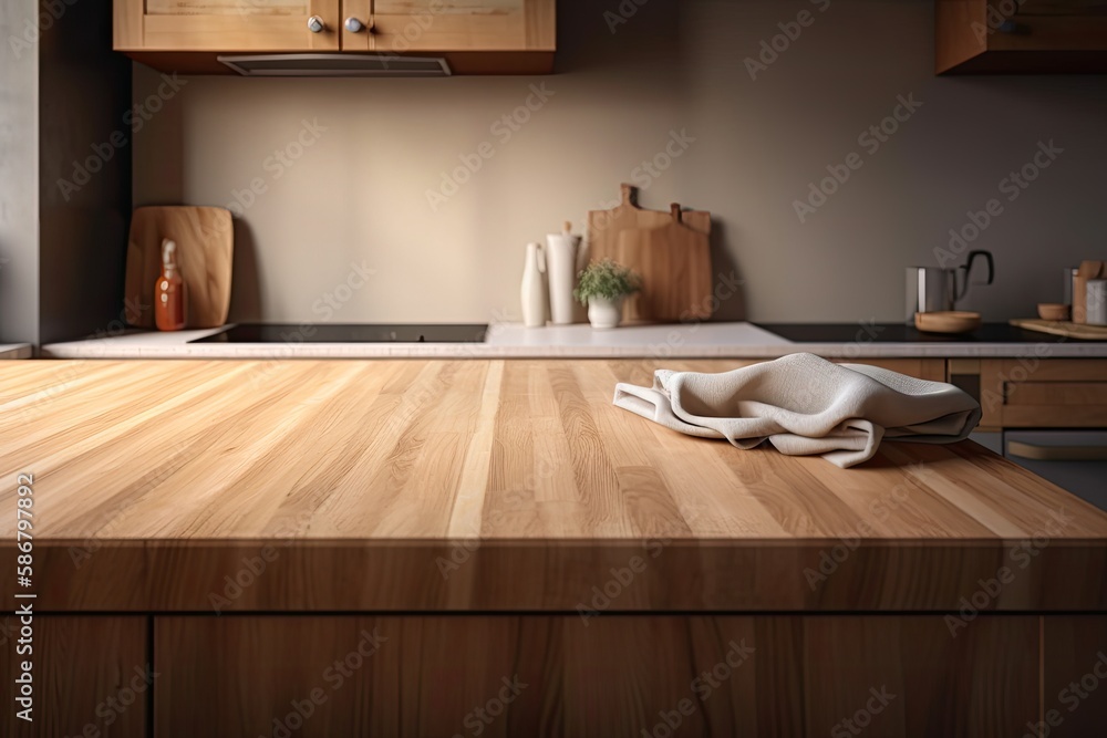 Background of a counter or table in a kitchen. Tablecloth and wood ...