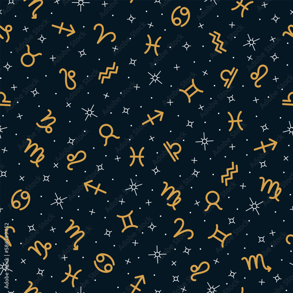 Zodiac signs seamless pattern, golden horoscope symbols repeating print ...