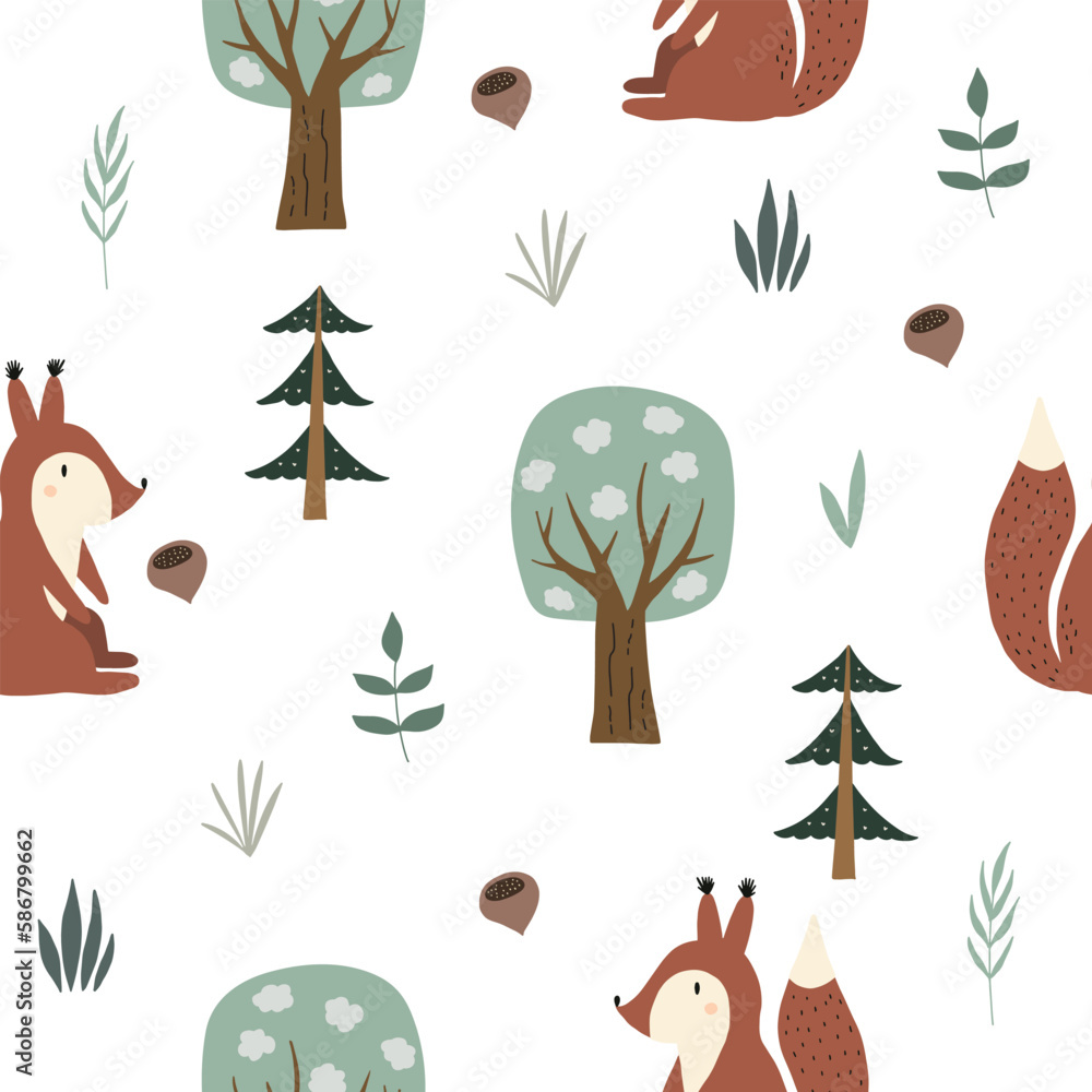Seamless vector pattern with cute squirrels in the wood. Woodland ...