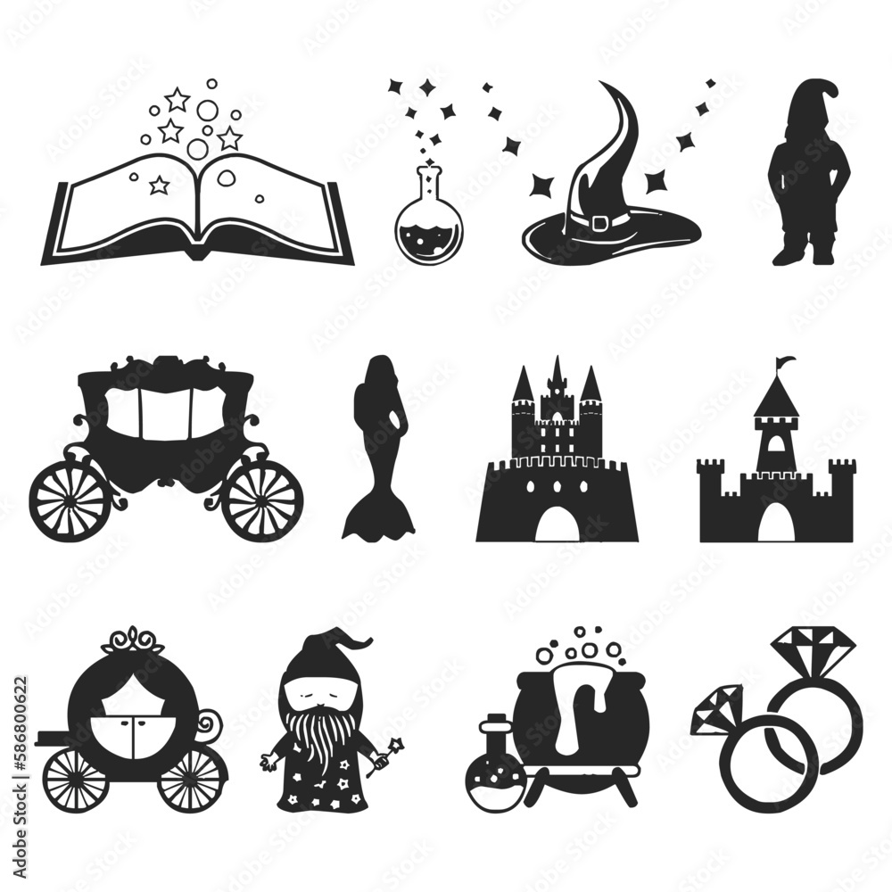 vector fairy tale characters icon set with unicorn gnome wizard dragon ...