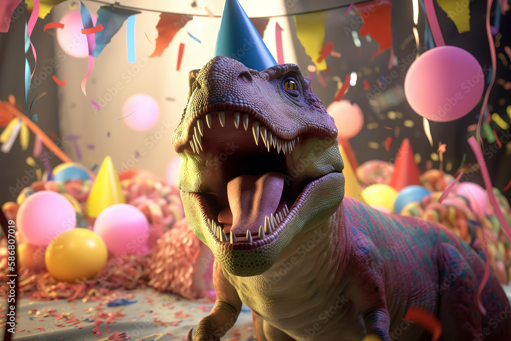 Generative AI. A portrait of a T-rex at its birthday party, donning a ...