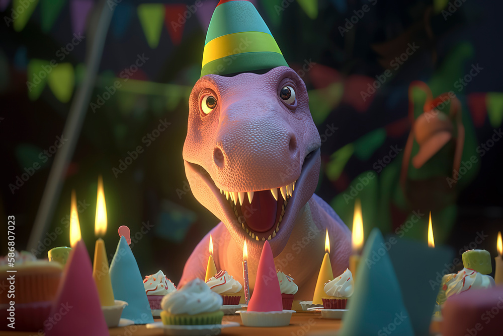 Generative AI. A portrait of a T-rex at its birthday party, donning a ...