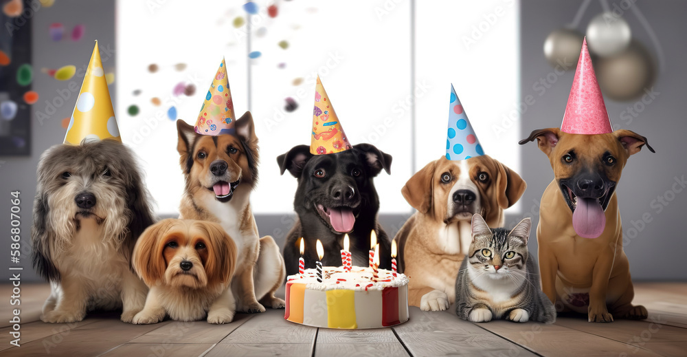 Generative AI. adorable team of birthday pets of different breeds, pets ...