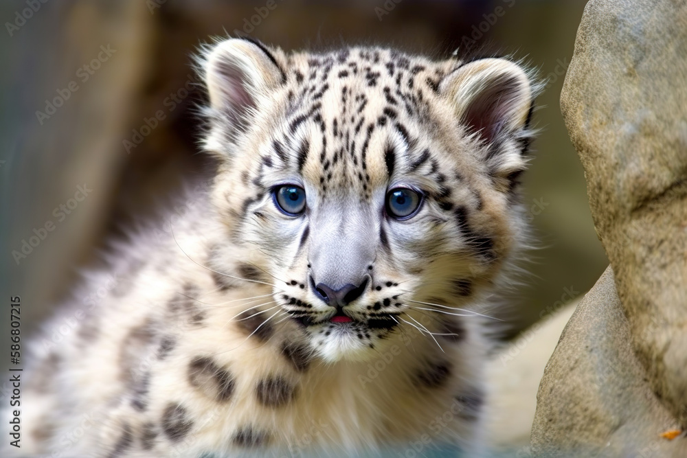 Cute snow leopard cub. Snow leopard baby portrait. digital ai art Stock ...