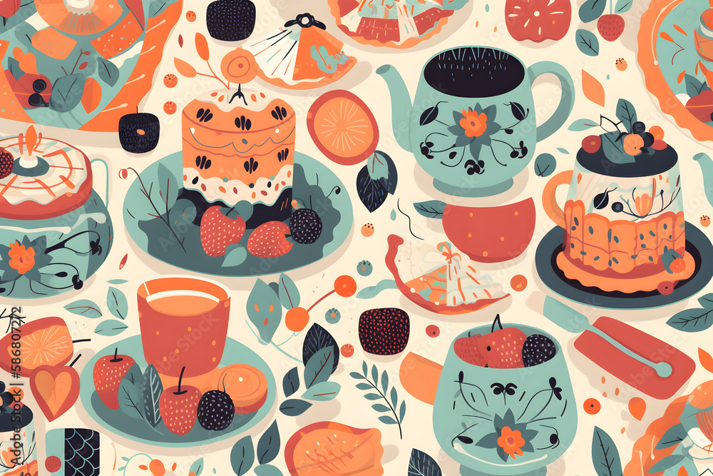 kids pattern, high tea theme, 2d illustration, teapots, cakes, berries ...