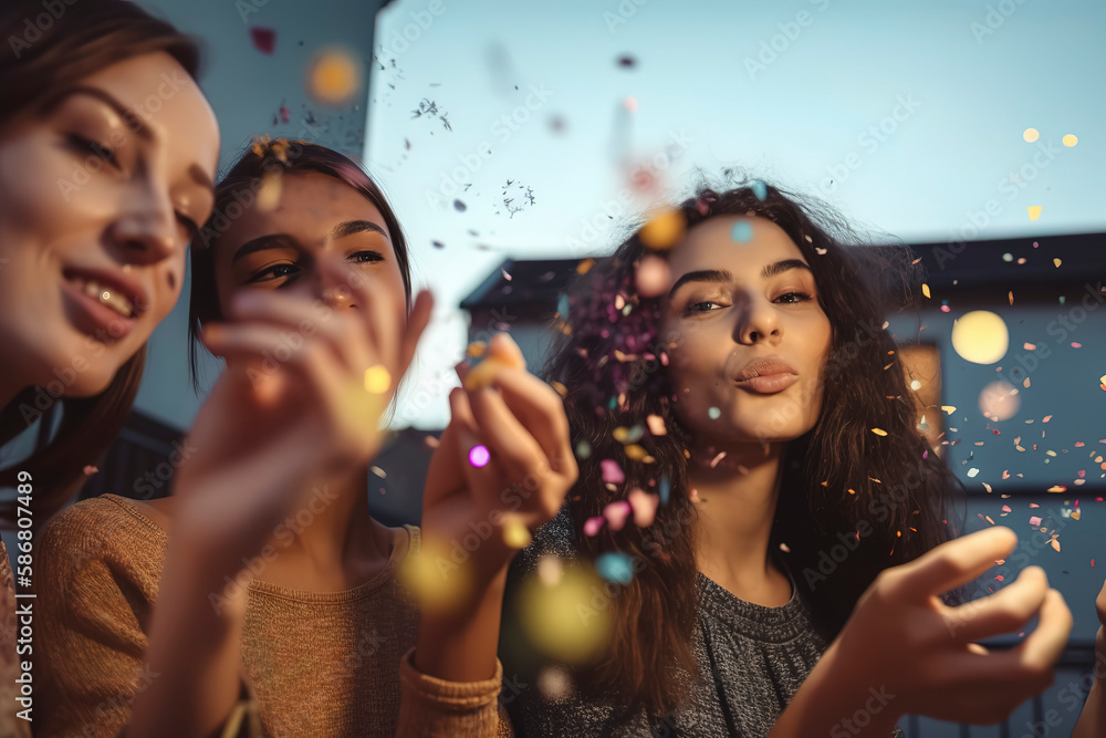 Generative AI. Young women blowing confetti from hands. Friends ...