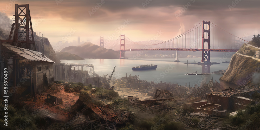 illustration of A post-apocalyptic view of San Francisco with a focus ...