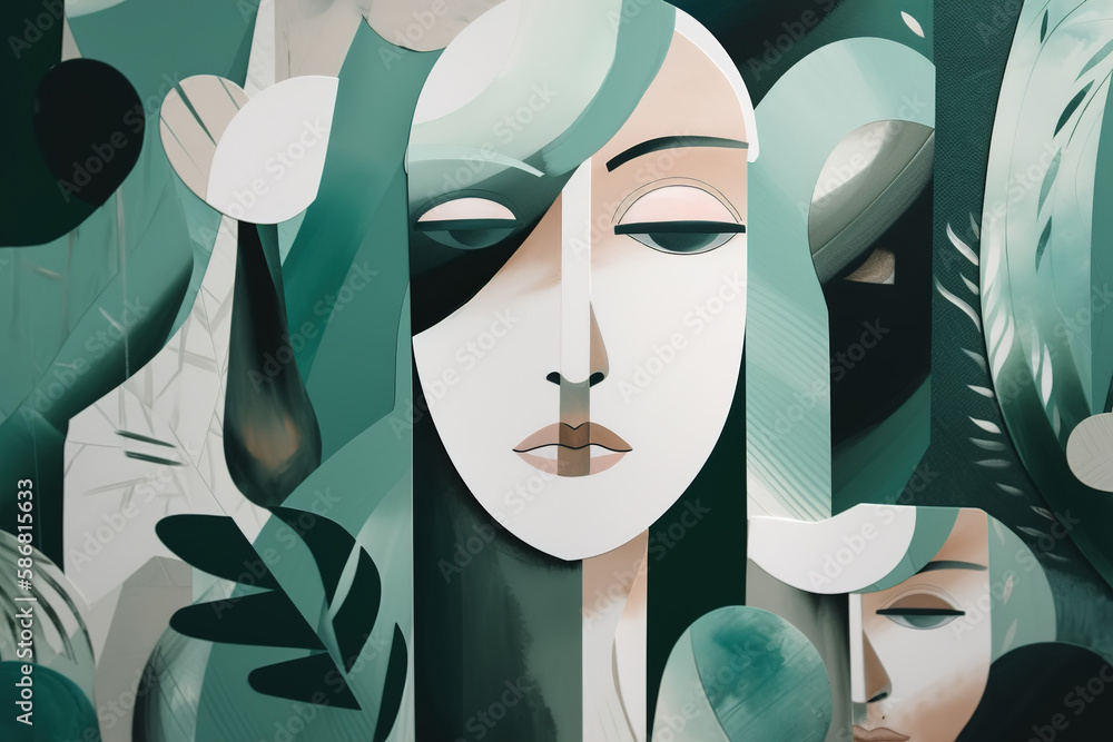 Abstract portrait of faceless woman art illustration in green palette ...