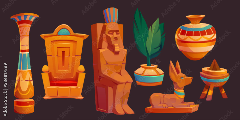 Fototapeta Ancient Egyptian god and pharaoh statues, throne, vase and ...