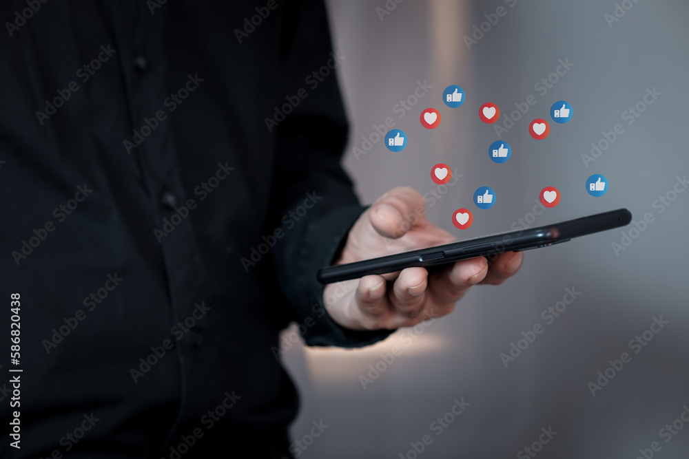 Social media and digital online concept, man using smart phone with ...