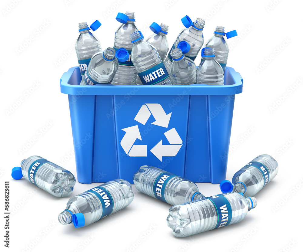 Plastic bottles in blue recycle crate on white background- 3D ...