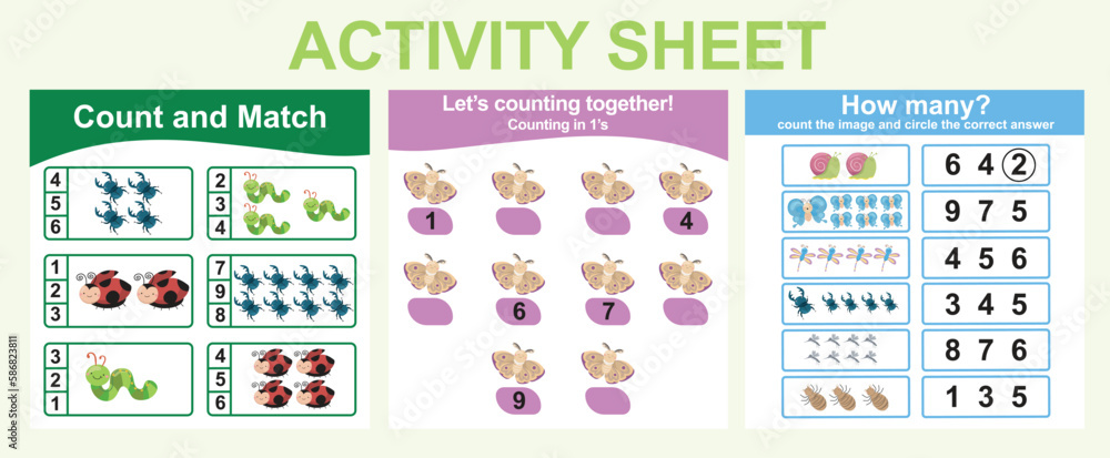 Activity sheet for children with insects theme. 3 in 1 Educational ...