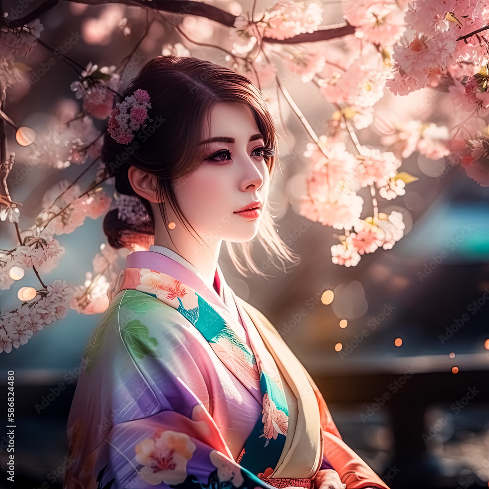 Japanese girl in pink kimono with sakura tree background, Landscape ...