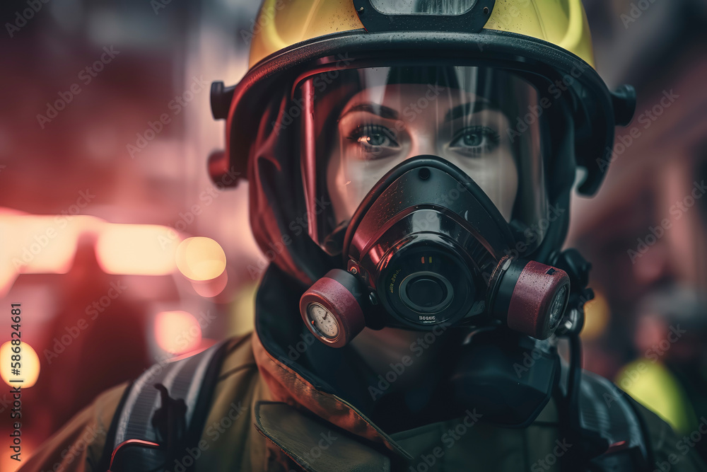 Firefighter portrait on duty. Photo of happy firewoman with gas mask ...