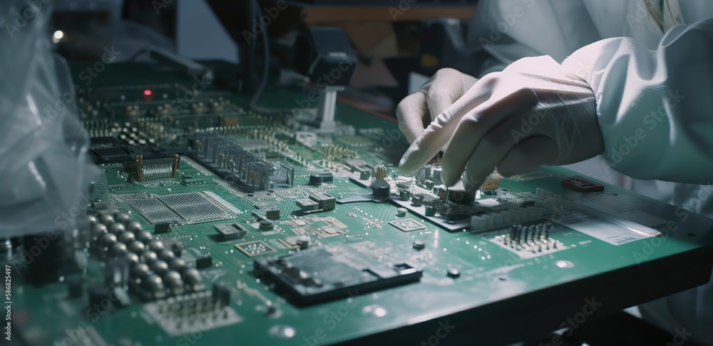 Printed Circuit board fabrication with SMT tecnology, operators working ...