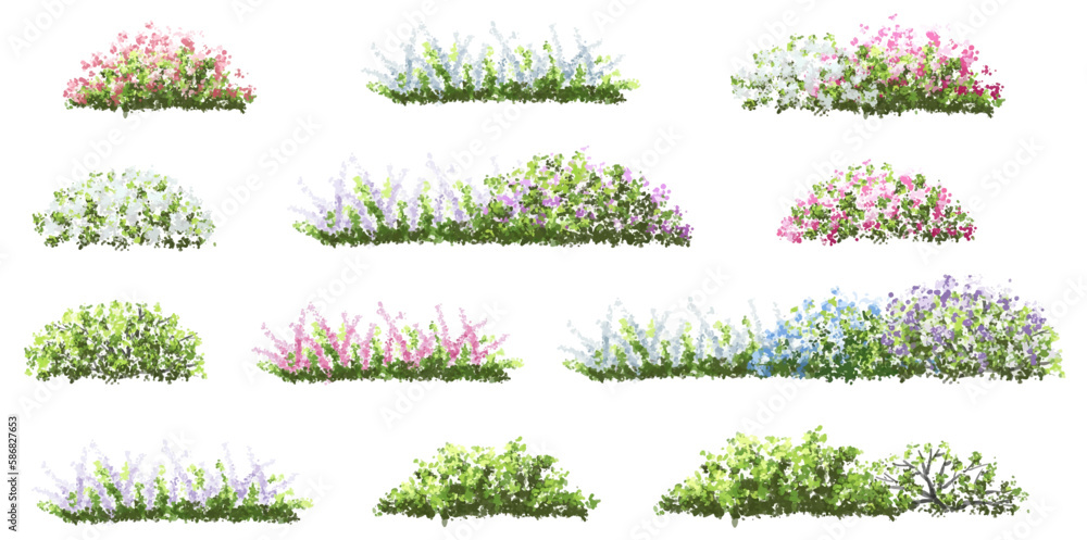 Vector watercolor blooming flower tree side view isolated on white ...