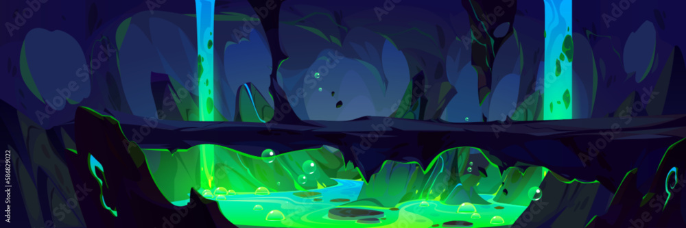 Dark toxic cave cartoon game background. Fantasy underground landscape ...