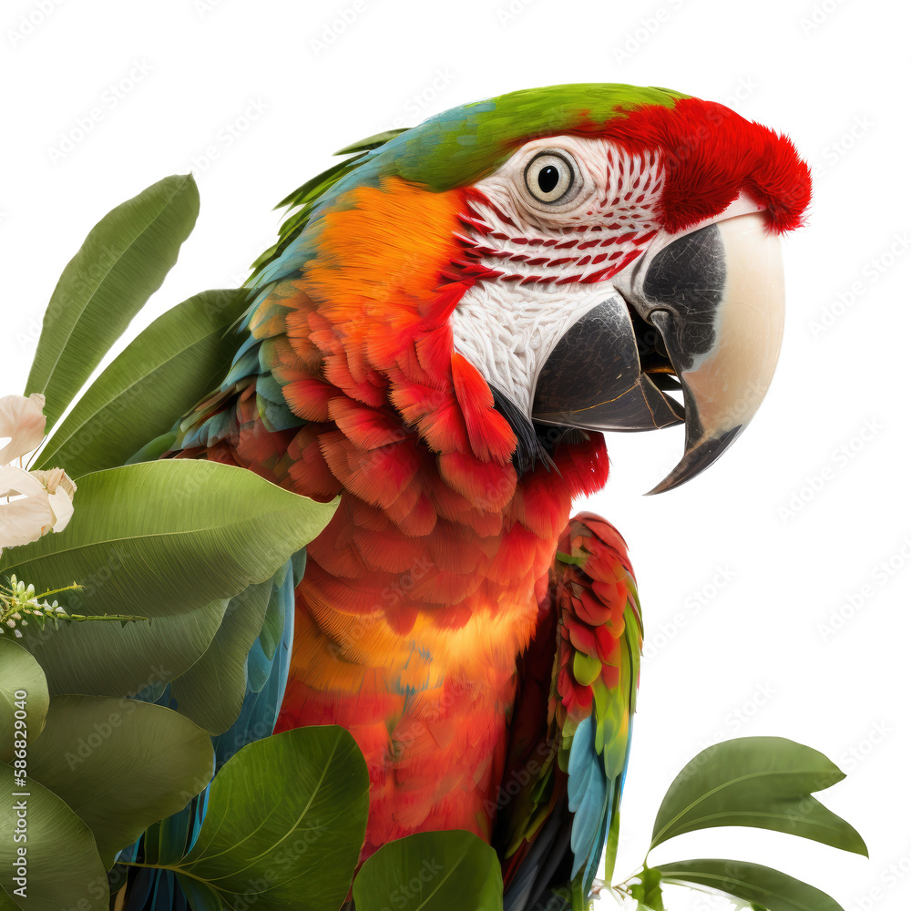 a jungle-themed photographic illustration of a blue green and orange macaw parrot portrait with ...
