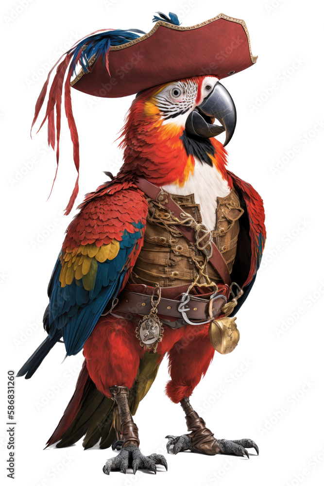 a pirate-themed photographic illustration of a red and green macaw ...